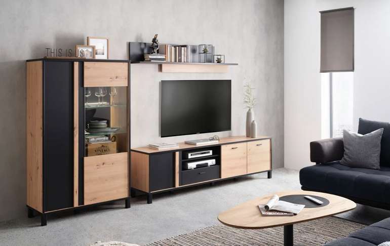 Modern Living Vitrine ''Hayato'' in Schwarz/Eiche Artisan (95,4/158,8 ...