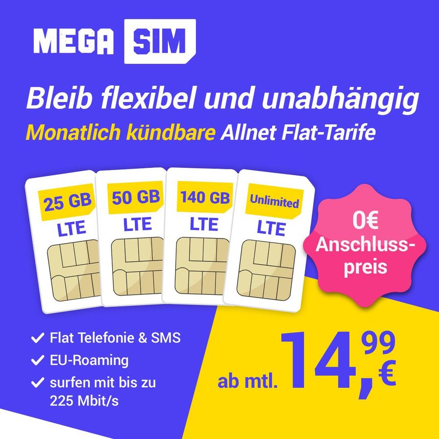 Bis 10 Uhr: Mega SIM: Telefonica (o2) Allnet-Tarife + keine Anschlussgebühr! - z.B 140 GB LTE ...
